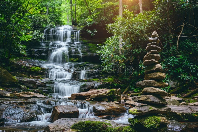 There is a Waterfall Behind and a Pile of Rocks in the Foreground Stock ...