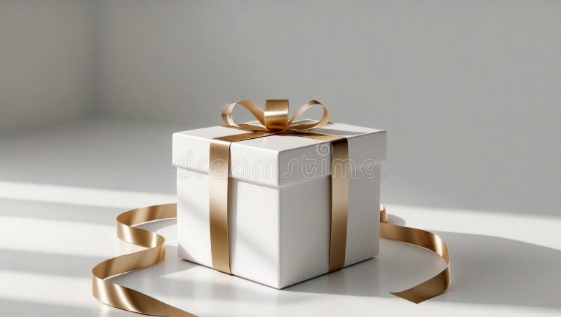 There is a White Box with a Gold Ribbon and a Bow Stock Photo - Image ...