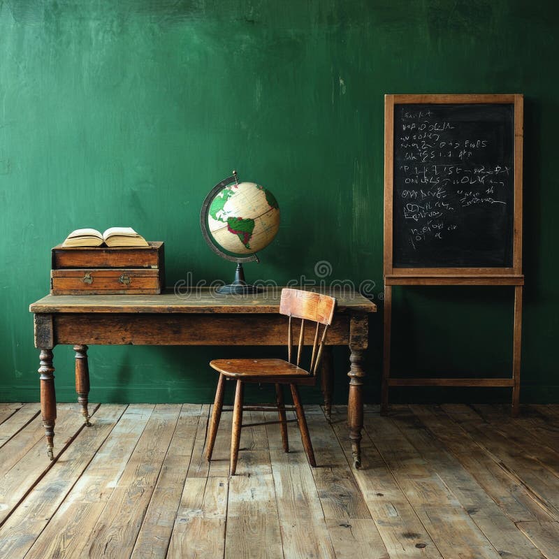 There is a Wooden Desk, a Chair, a Globe, and a Wall-mounted Map in ...