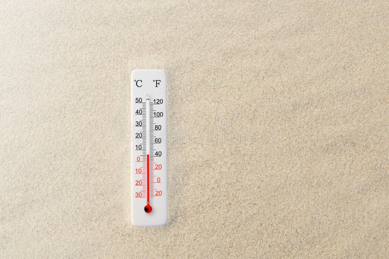 Celsius and Fahrenheit Scale Thermometer in the Sand. Ambient ...