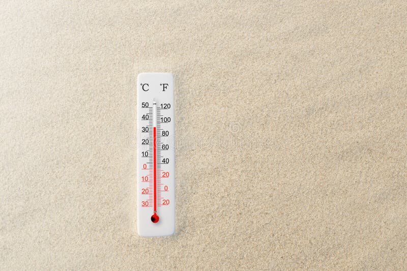 Celsius and Fahrenheit Scale Thermometer in the Sand. Ambient ...