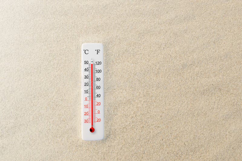 Celsius and Fahrenheit Scale Thermometer in the Sand. Ambient ...
