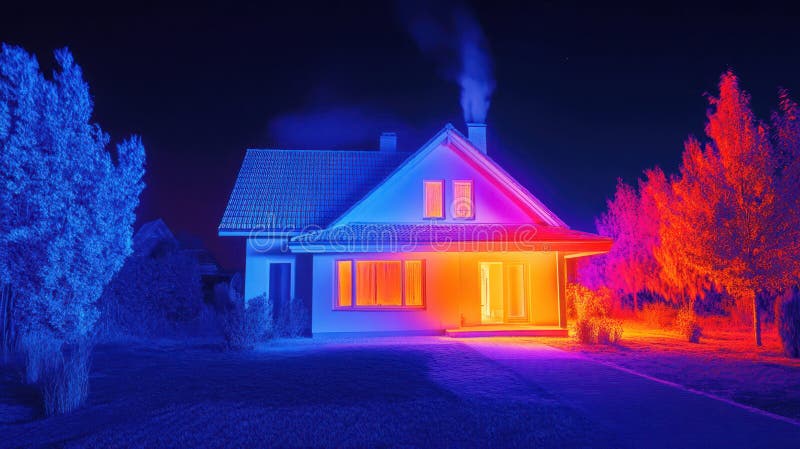 Thermal Image Showing Heat Loss from House at Night Stock Illustration ...