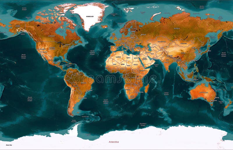 Thermal Imagery Classic World Satellite Image Map with All Labels Stock ...