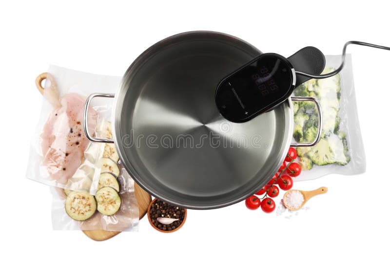 Thermal Immersion Circulator in Pot and Ingredients on White Background ...