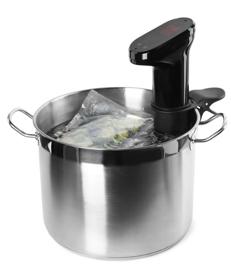 Thermal Immersion Circulator and Vacuum Packed Broccoli in Pot on White ...