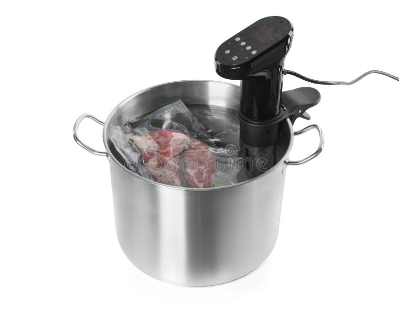 Thermal Immersion Circulator and Vacuum Packed Meat in Pot on White ...