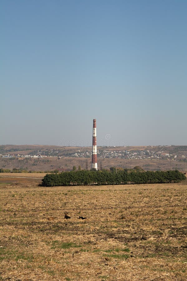 Thermal Power Plant Pipe Towering Over Power Lines Stock Image - Image ...