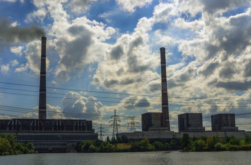 Thermal Power Plants with Huge Pipes and Power Lines. Stock Photo ...