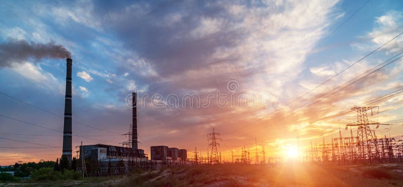 Thermal Power Stations and Power Lines during Sunset Stock Image ...