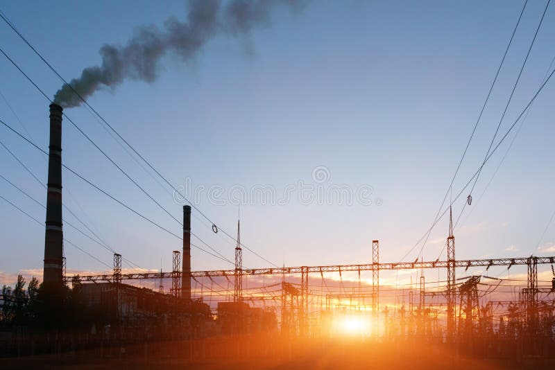 Thermal Power Stations and Power Lines during Sunset Stock Photo ...