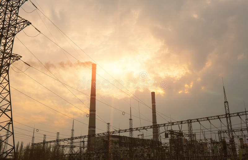 Thermal Power Stations and Power Lines during Sunset Stock Photo ...