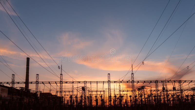 Thermal Power Stations and Power Lines during Sunset Stock Image ...
