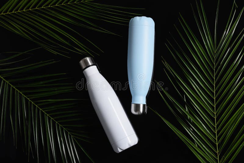 Thermo Bottles and Green Leaves on Black Background, Flat Lay Stock ...