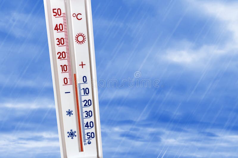The Thermometer Against a Cloudy Rain Sky Shows Plus 8 Degrees, Rainy ...