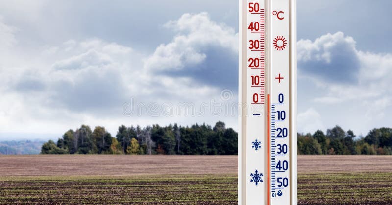 Thermometer on the Background of Autumn Field and Forest Shows Plus 5 ...
