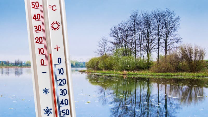 The Thermometer on the Background of the Spring Landscape Shows the ...
