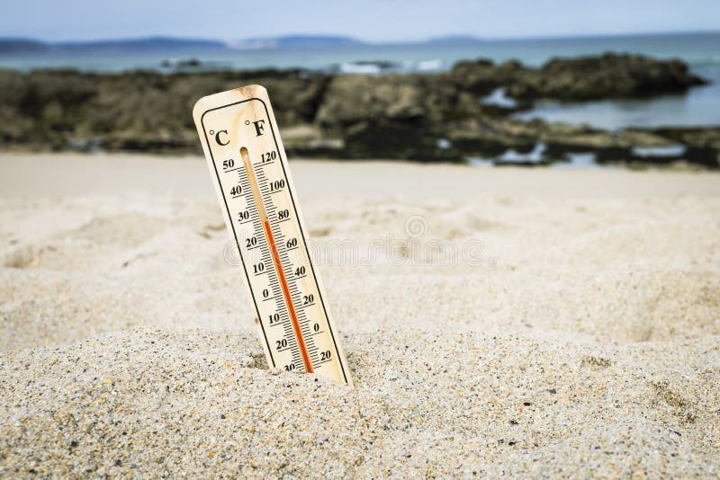 Thermometer on the Beach Marking High Temperatures. Climate Change ...