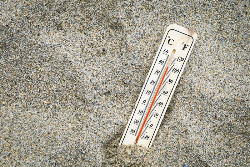 Thermometer on the Beach Marking High Temperatures. Climate Change ...