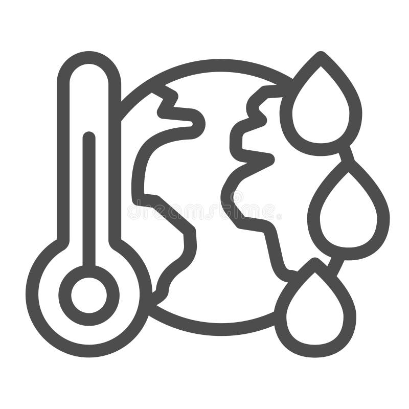 Thermometer and Earth with Drops Line Icon, Climate Change Concept ...