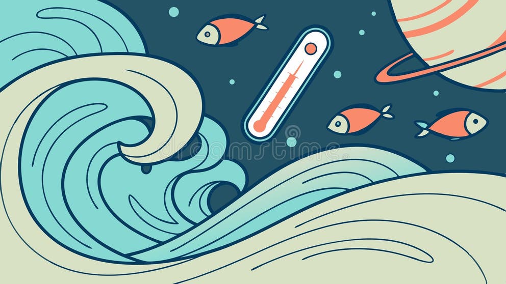 Thermometer with Fish in Ocean Waves Vector Illustration, Marine ...