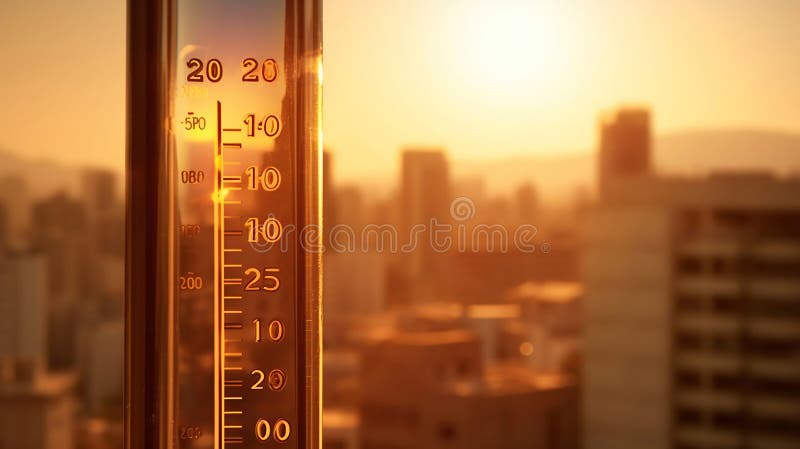 Thermometer with High Temperature on the City with Glowing Sun ...