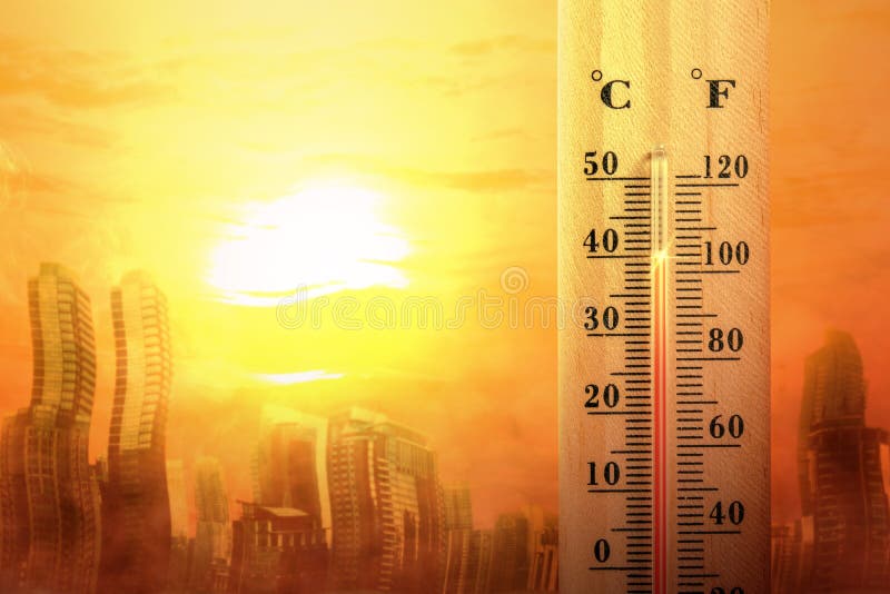 Thermometer with High Temperature on the City with Glowing Sun ...