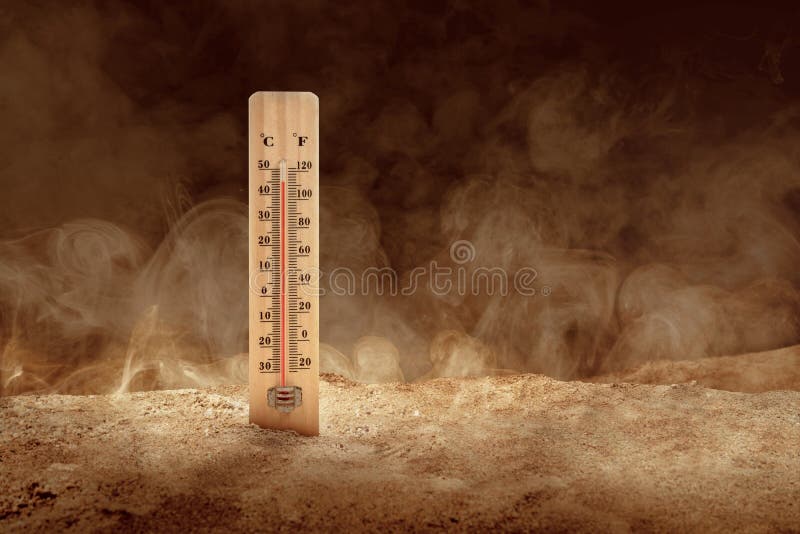 Thermometer with High Temperature on the Desert with a Dusty Background ...