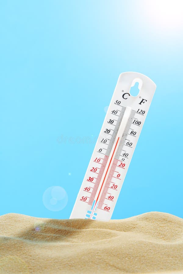 Thermometer Measuring High Temperature in Sand on Sunny Day Stock Photo ...