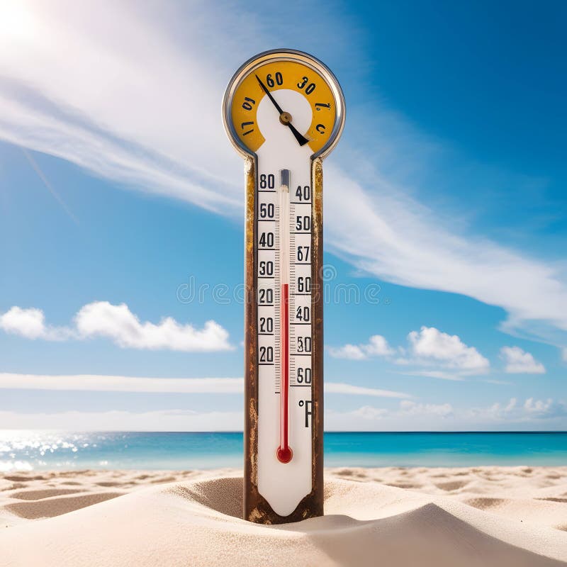Thermometer Measuring the Temperature on the Beach with a Blue Sky ...