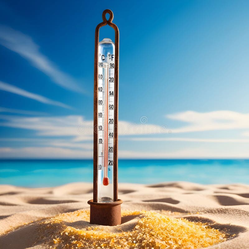 Thermometer Measuring the Temperature on the Beach with a Blue Sky ...