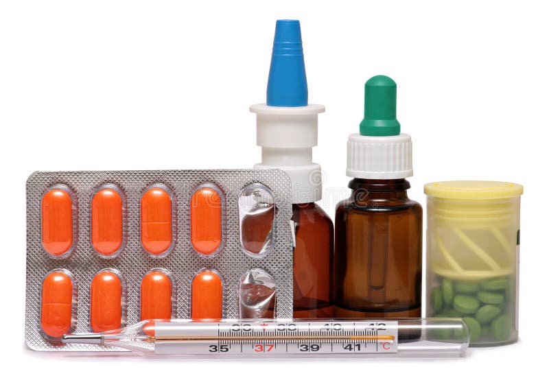 Thermometer, Nasal Drops,medicines from Tablets Stock Photo - Image of ...