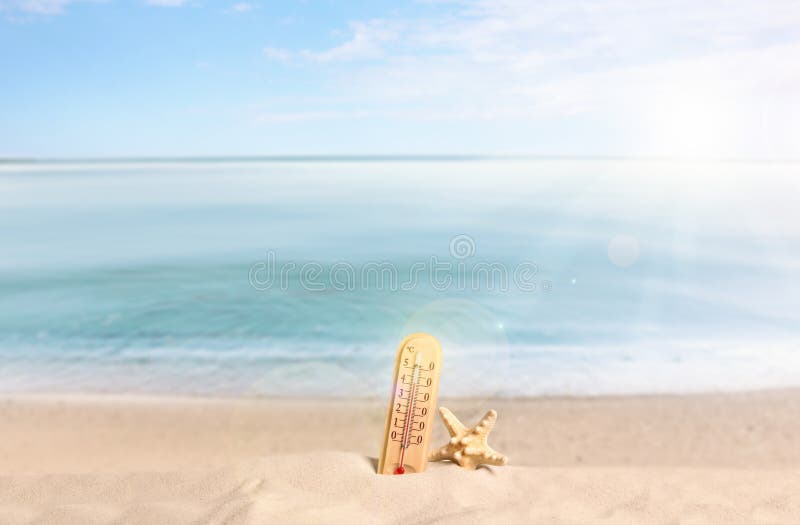 Thermometer, Sea Star and Sandy Beach Stock Photo - Image of season ...