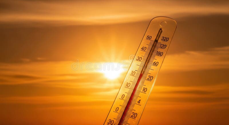 Thermometer Showing High Temperature Against Intense Summer Sun and ...