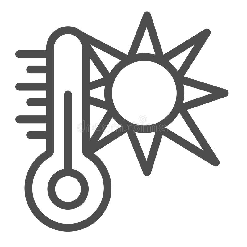 Thermometer and Sun Light Rays Line Icon, Climate Change Concept ...