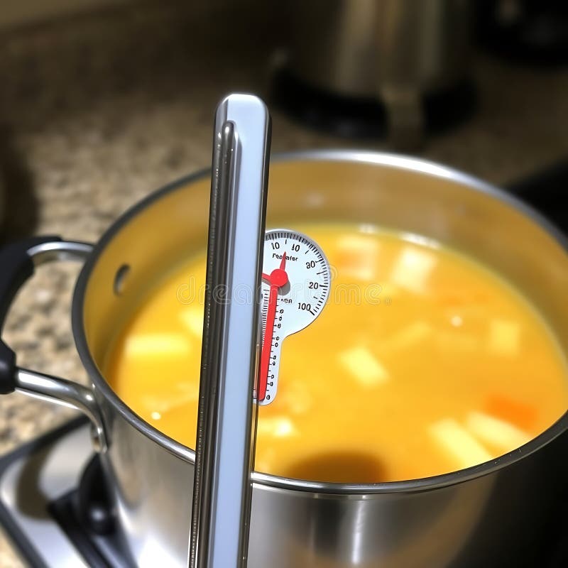 A Thermometer with the Temperature Indicator in a Hot Pot of Soup on ...