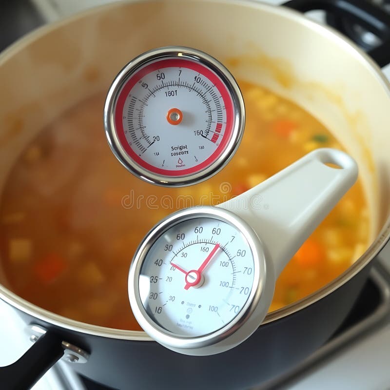 A Thermometer with the Temperature Indicator in a Hot Pot of Soup on ...
