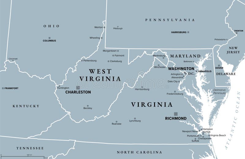 The Virginias, U.S. States Virginia and West Virginia, Gray Political ...