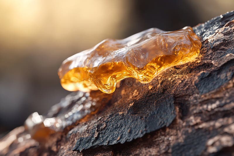 Thick Amber Resin Emerges from Rugged Tree Bark, Its Translucent ...