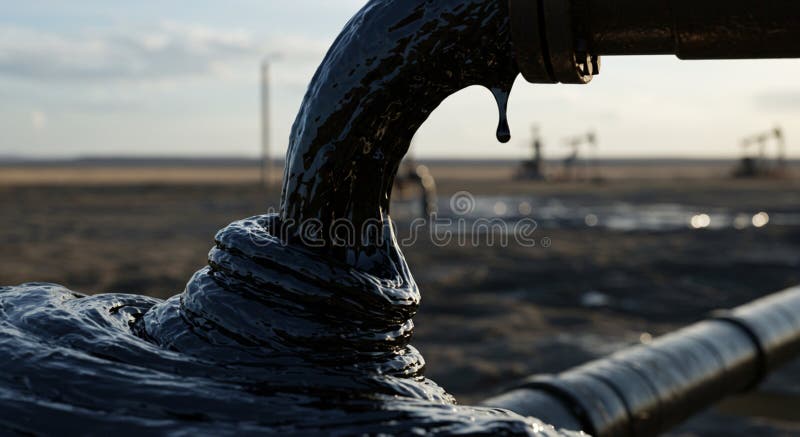 Thick, Black Oil Flows from a Large Metal Pipe Against a Blurred ...