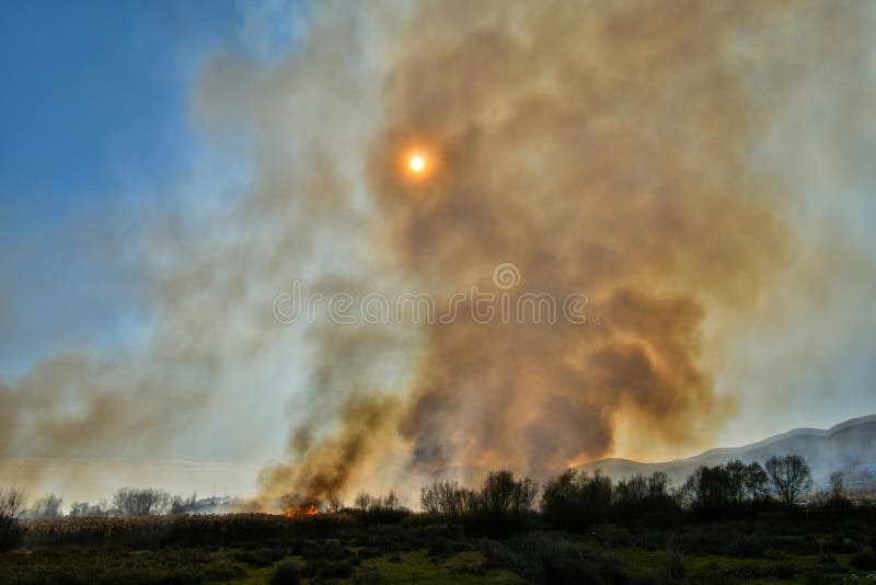 Thick Black Smoke Rises High and the Sun is Seen Behind the Smoke ...