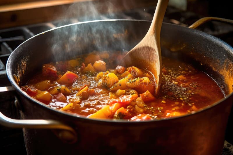 Thick, Bubbling Stew on a Stove with a Wooden Spoon Stock Illustration ...