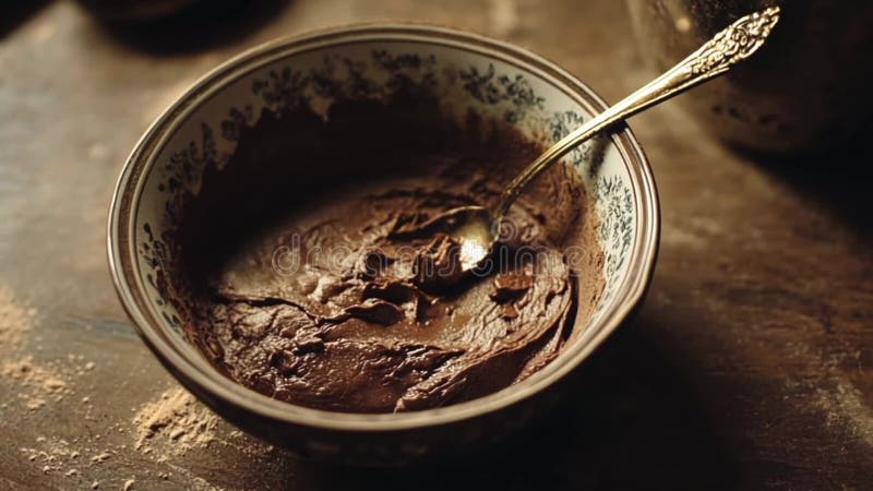 Thick Chocolate Batter in a Vintage Patterned Bowl with a Spoon, Softly ...