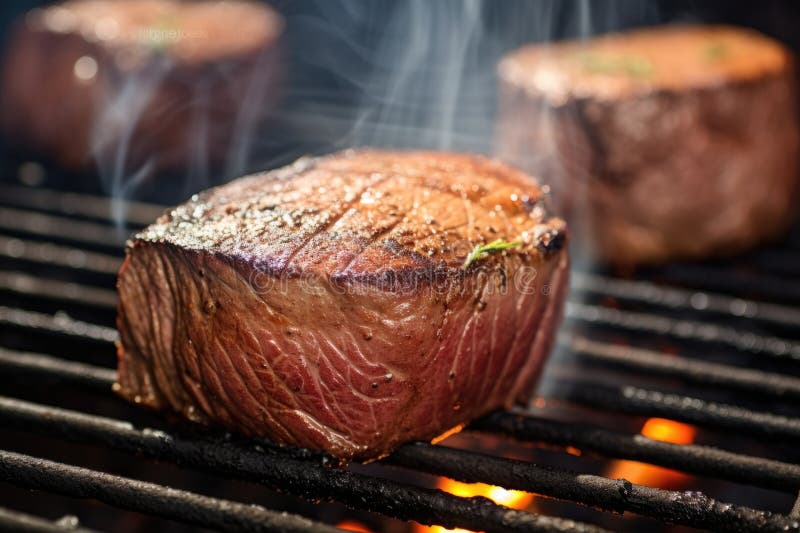Thick Cut Filet Mignon on a Smoky Grill Stock Image - Image of barbecue ...
