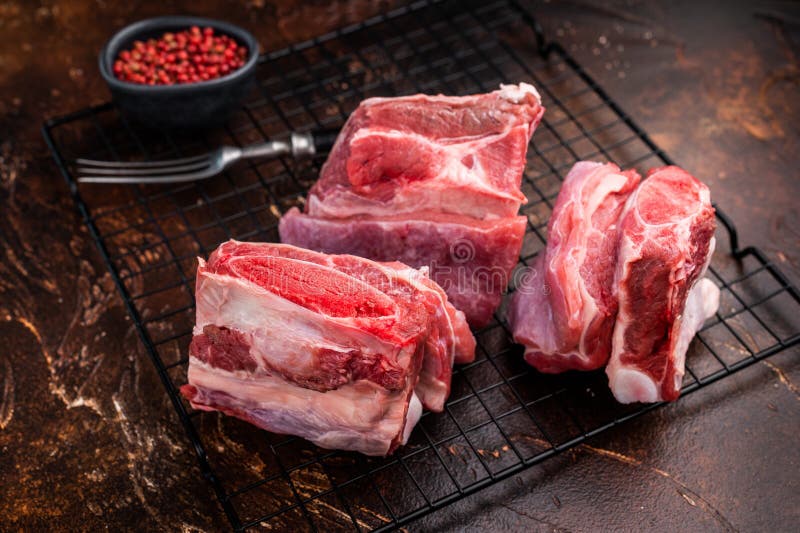 Thick Cut Raw Beef Short Ribs, Fresh Meat with Bone. Brown Background ...