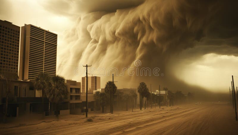 A Thick Dust Storm Rising Over the Streets of a City with Palms and ...