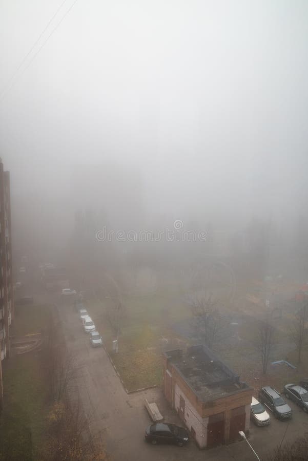 Thick Fog Obscures the View from the Window of a Multi-storey Building ...