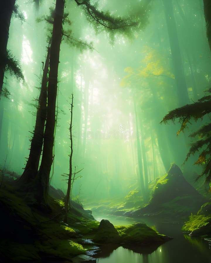 Thick forest and stream stock illustration. Illustration of morning ...