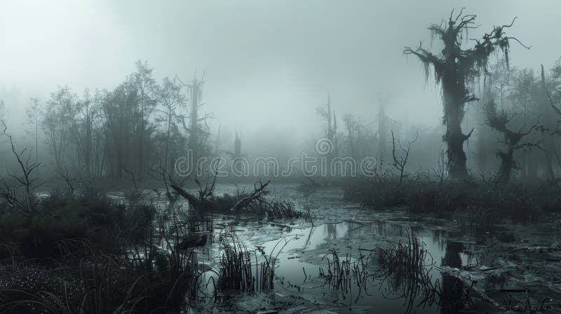 The Thick Gray Fog Engulfed the Swamp Transforming it into a Spectral ...