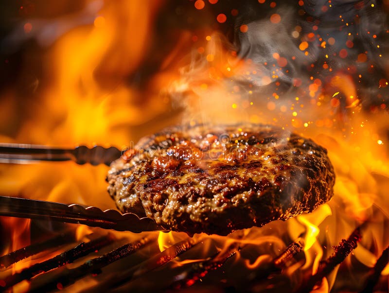 A Thick, Juicy Hamburger Patty is Being Grilled Over an Open Flame ...